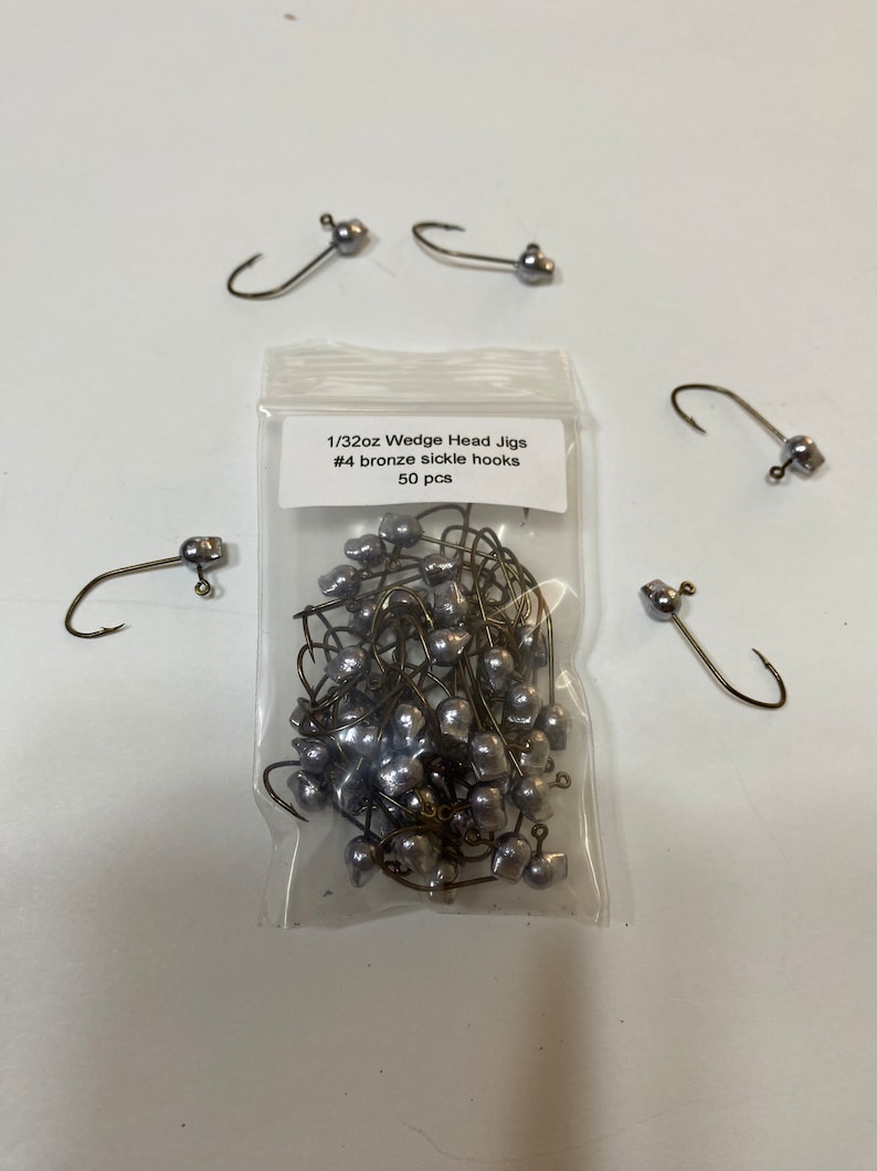 50 Unpainted Wedge Head Jigs With No Collar and Red Sickle Hooks ...