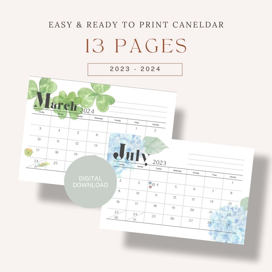 2023 2024 Printable Calendar Clean Aesthetic Digital DOWNLOAD - Etsy