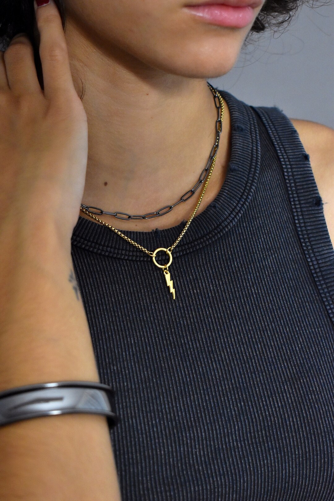 Gold Lightning Necklace, Black Gold Layered Thunder Necklace, Double ...