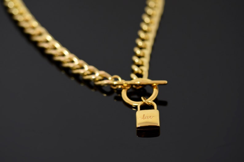 Gold Padlock Necklace, Chunky Chain Lock Necklace, Curb Chain With Lock ...