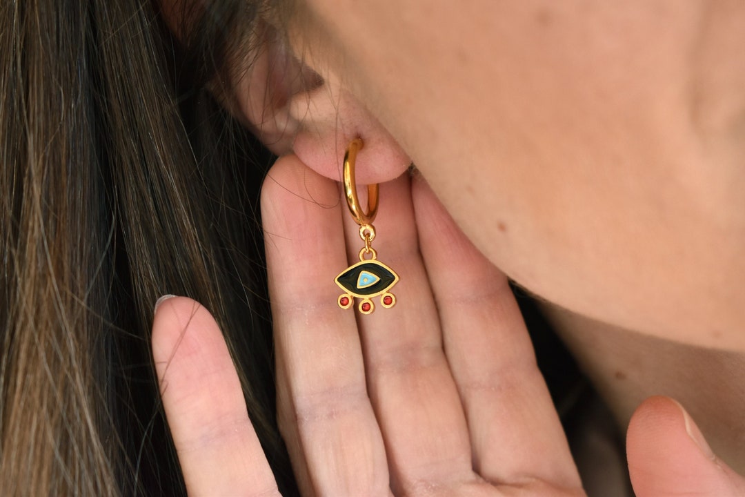Evil Eye Earrings, Gold Evil Eye Hoop Earrings, Huggie Hoops With Evil Eye Charm, Minimalist ...