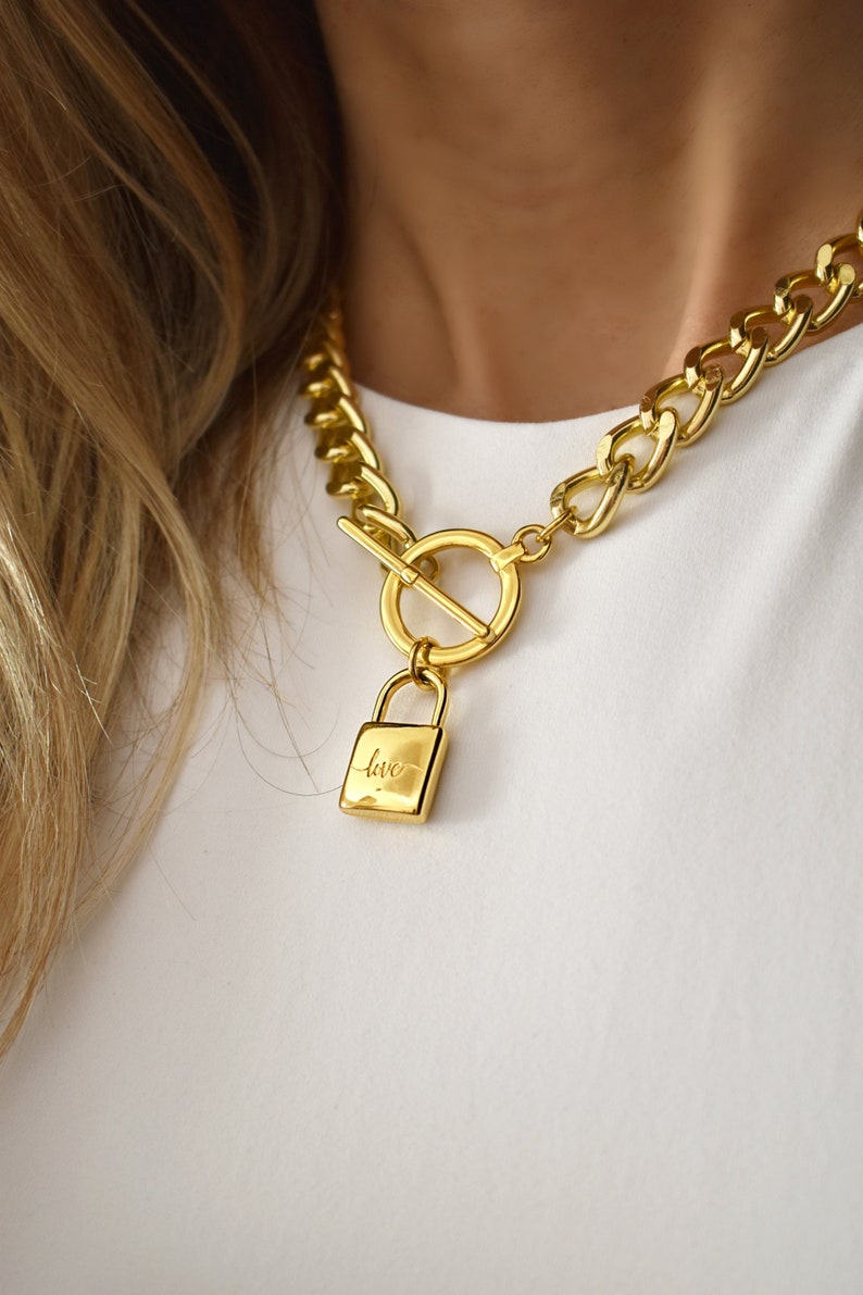 Gold Padlock Necklace, Chunky Chain Lock Necklace, Curb Chain With Lock ...