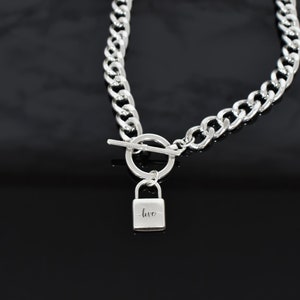Silver Padlock Necklace, Chunky Chain Lock Necklace, Curb Chain With ...