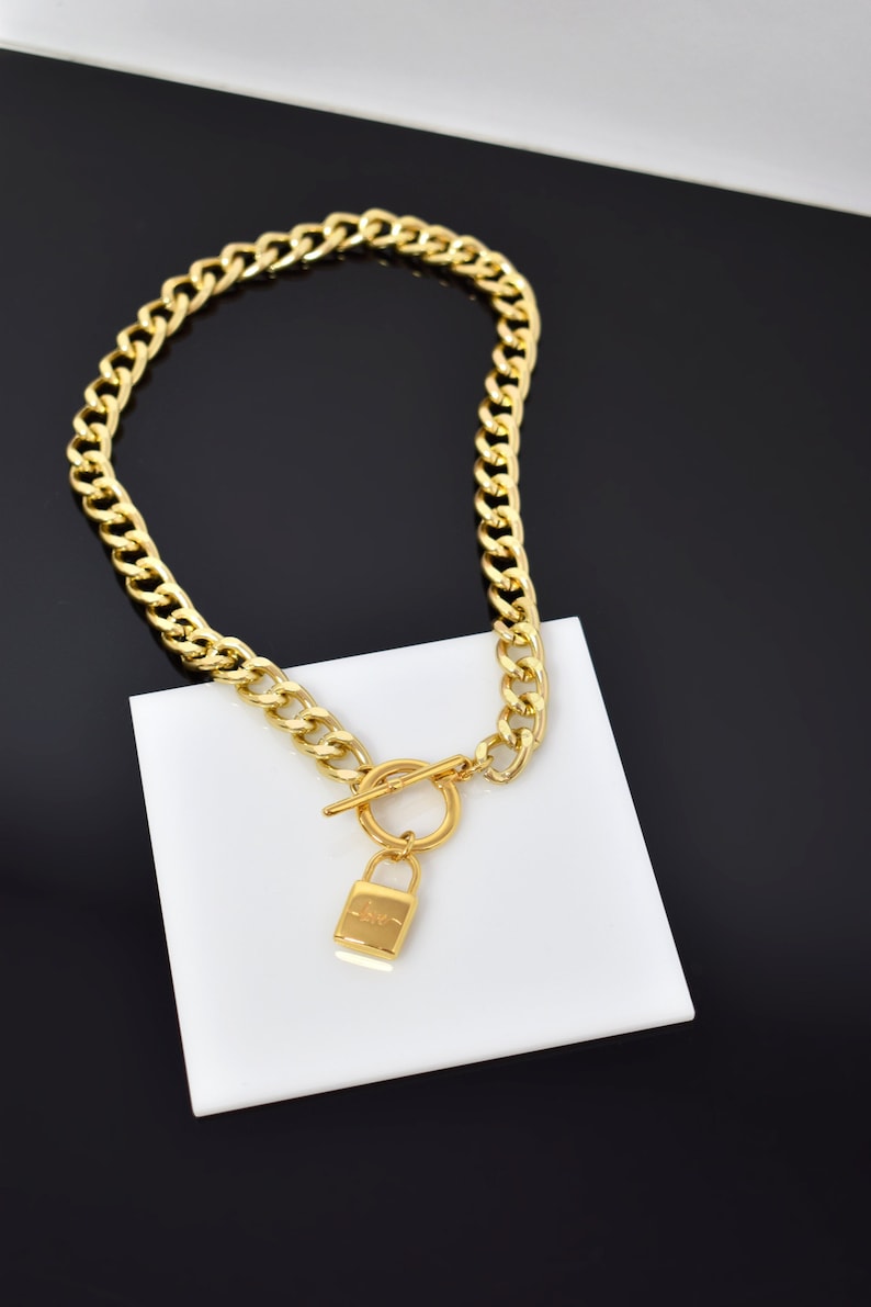 Gold Padlock Necklace, Chunky Chain Lock Necklace, Curb Chain With Lock ...