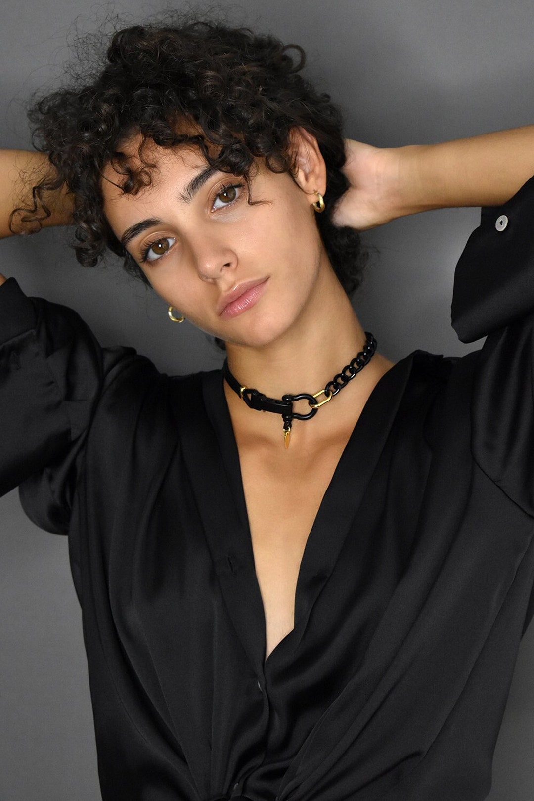 Black Leather Choker Necklace With Spike, Goth Choker Collar, Carabiner ...