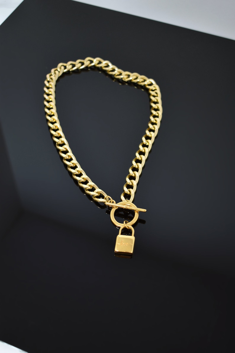 Gold Padlock Necklace, Chunky Chain Lock Necklace, Curb Chain With Lock ...