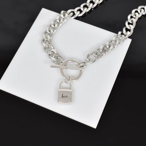 Silver Padlock Necklace, Chunky Chain Lock Necklace, Curb Chain With ...
