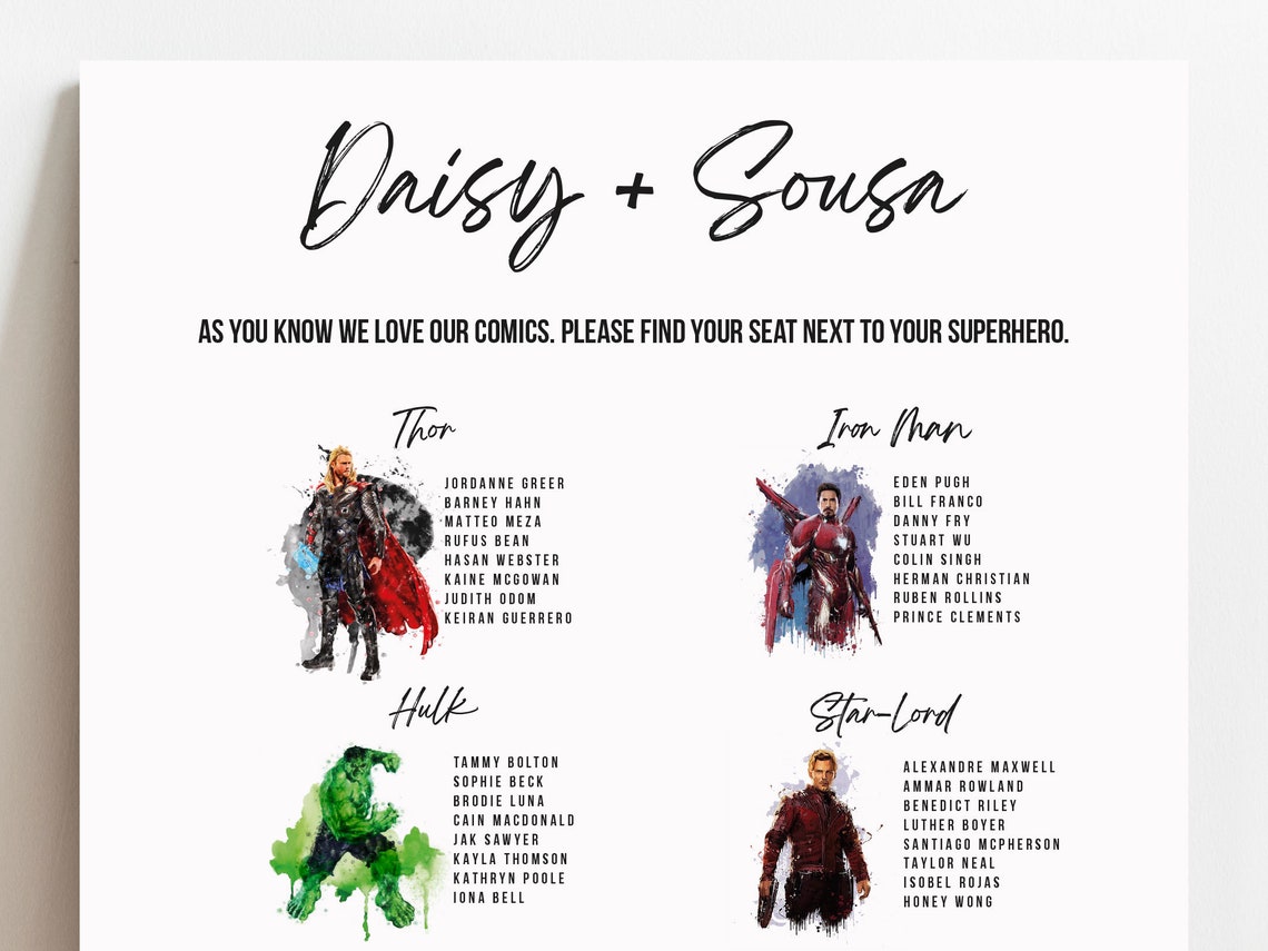 Superhero Comic Seating Plan Marvel Avengers Spider-man - Etsy UK
