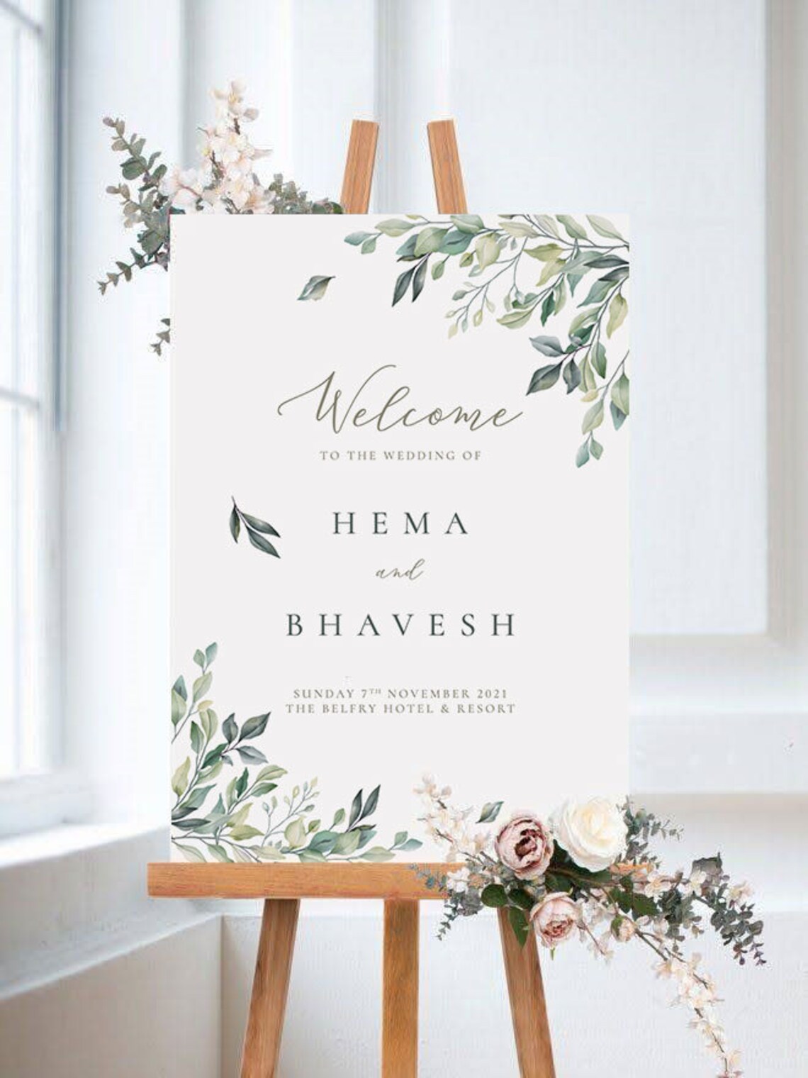 A1 Wedding Welcome Board, Sign, Bride or Groom, Green Leaf, Greenery ...