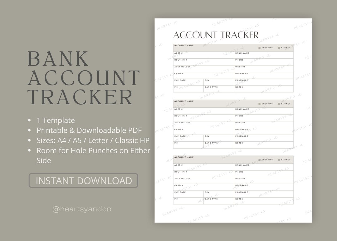 Financial Account Tracker Printable, Bank Account Log, Bank Details ...