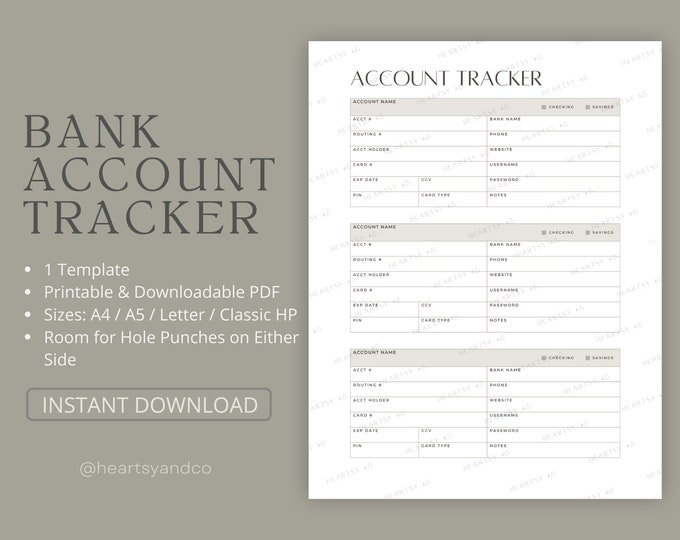 Financial Account Tracker Printable, Bank Account Log, Bank Details ...