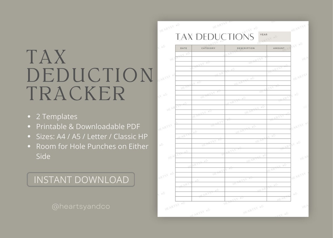 Deduction Tracker Printable, Tax Organizer, Tax Record Keeper ...