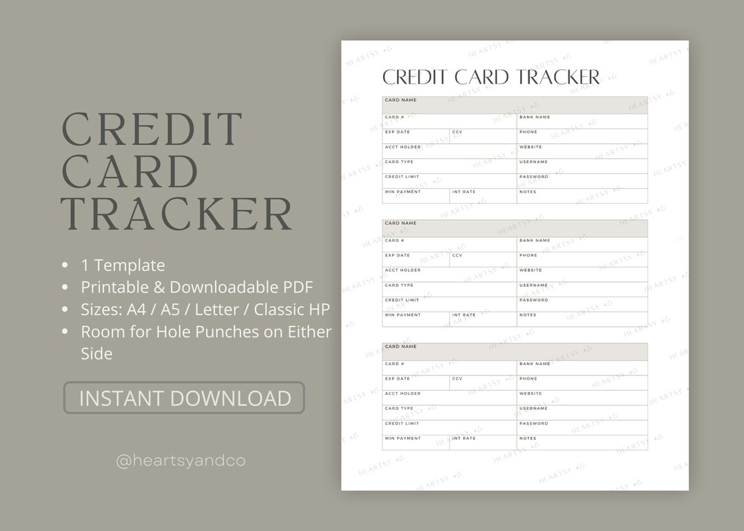 Card Tracker Printable, Debt/credit Card Organizer, Credit Card Details ...