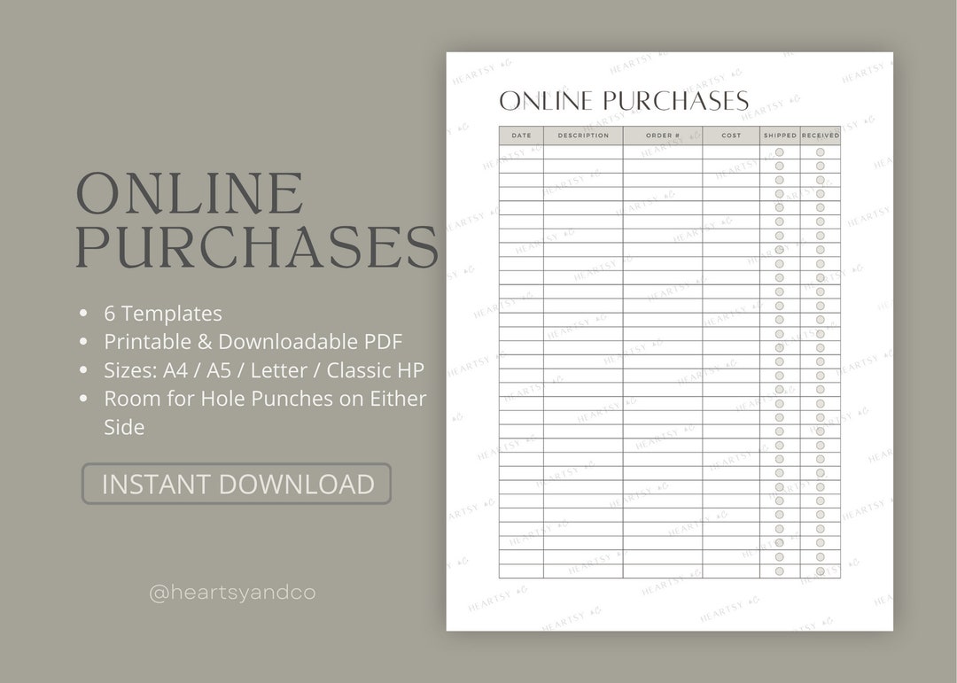 Online Purchase Tracker Printable, Order Tracker, Online Shopping ...