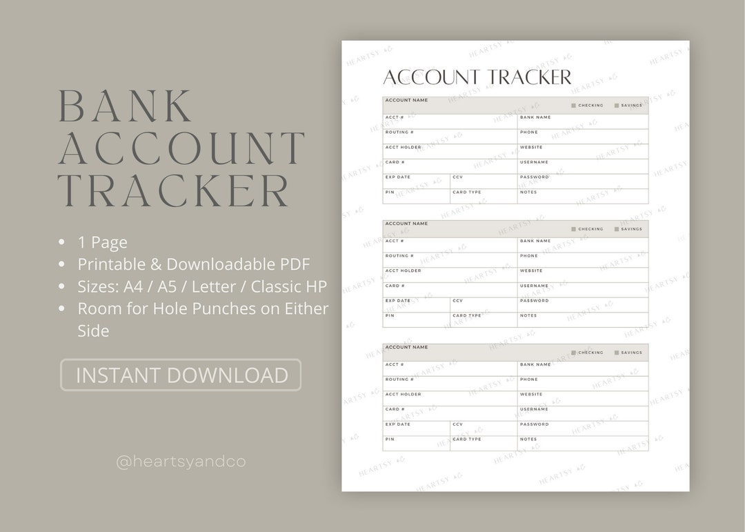 Financial Account Tracker Printable, Bank Account Log, Bank Details ...