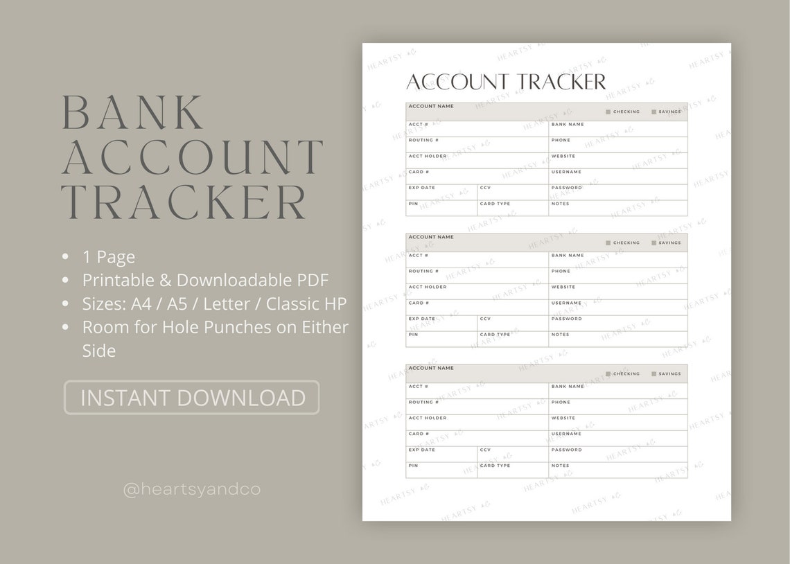 Financial Account Tracker Printable, Bank Account Log, Bank Details ...