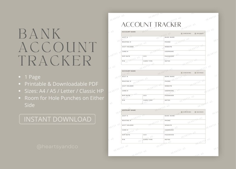 Financial Account Tracker Printable, Bank Account Log, Bank Details ...