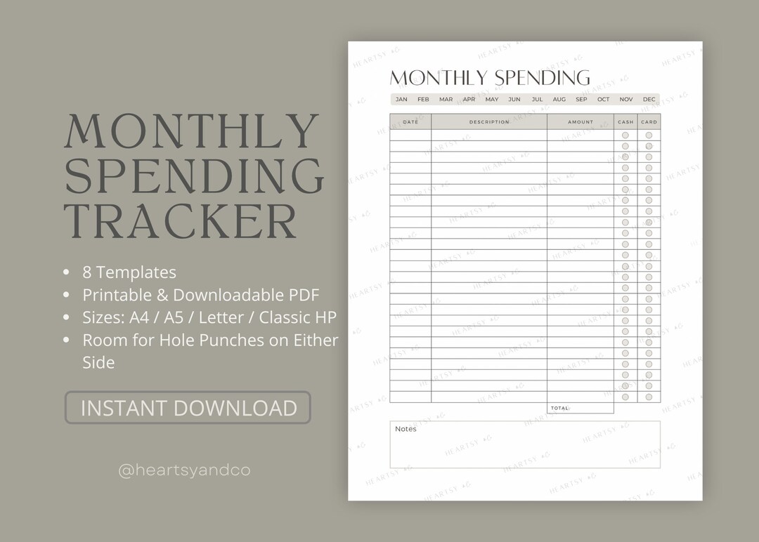 Monthly Spending Tracker Printable, Monthly Purchase Log, Expense ...