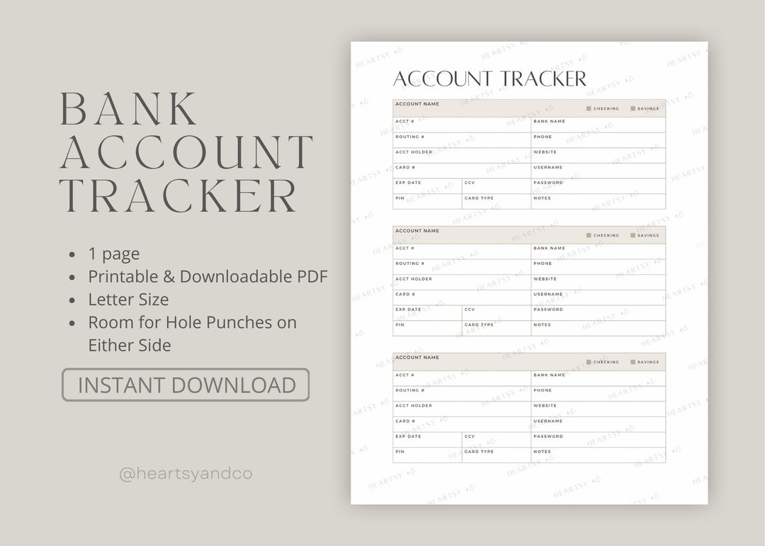 Financial Account Tracker Printable, Banking Account Log, Bank Details ...