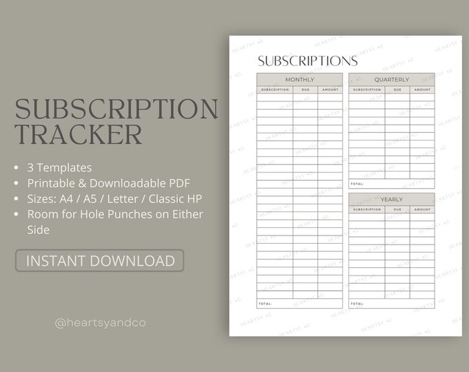 Subscription Organizer Printable, Membership Log, Monthly Quarterly ...