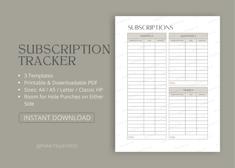 Subscription Organizer Printable, Membership Log, Monthly Quarterly ...