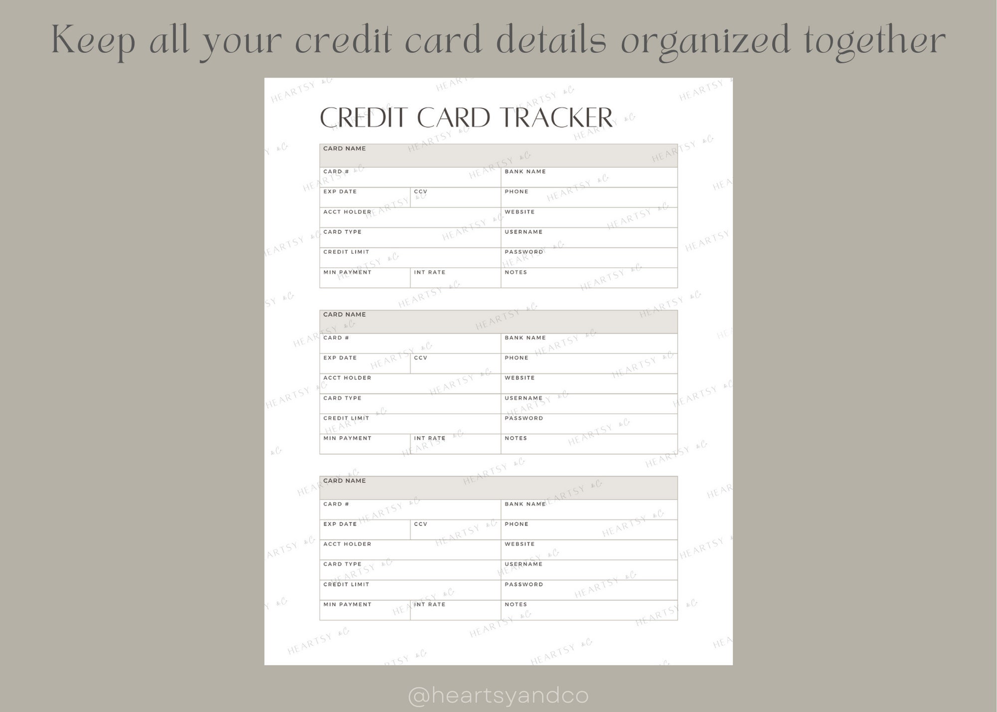 Card Tracker Printable, Debt/credit Card Organizer, Credit Card Details ...