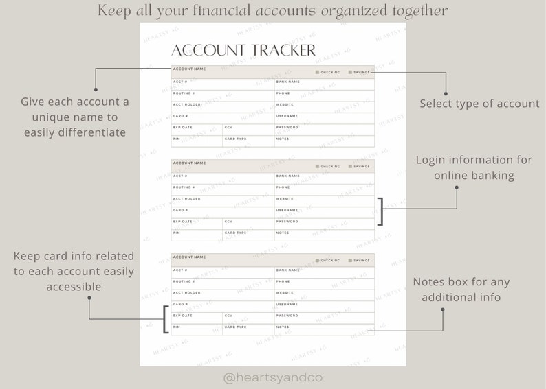 Financial Account Tracker Printable, Banking Account Log, Bank Details ...