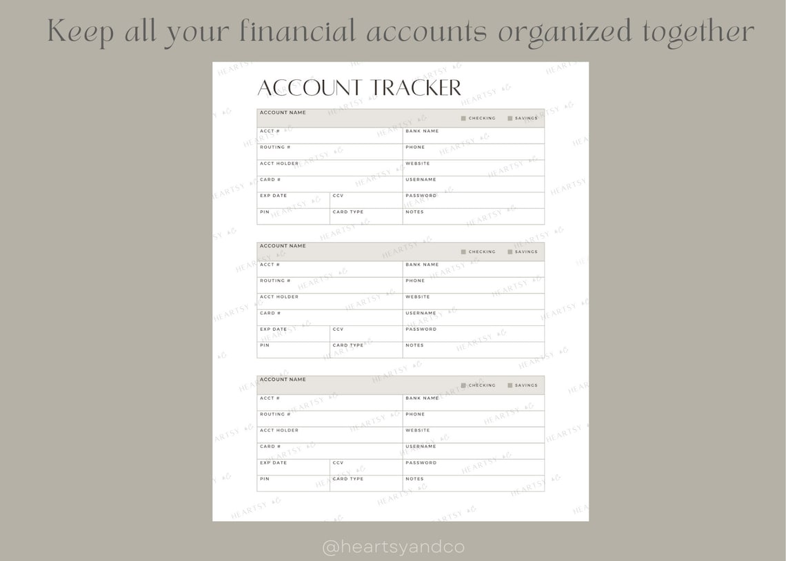 Financial Account Tracker Printable, Bank Account Log, Bank Details ...