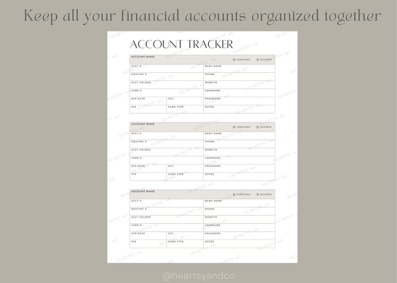 Financial Account Tracker Printable, Bank Account Log, Bank Details ...