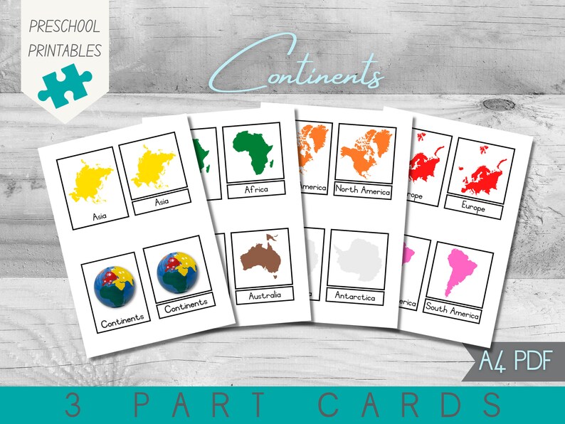 Montessori Continents | 3 Part Cards | PDF Printable - Etsy
