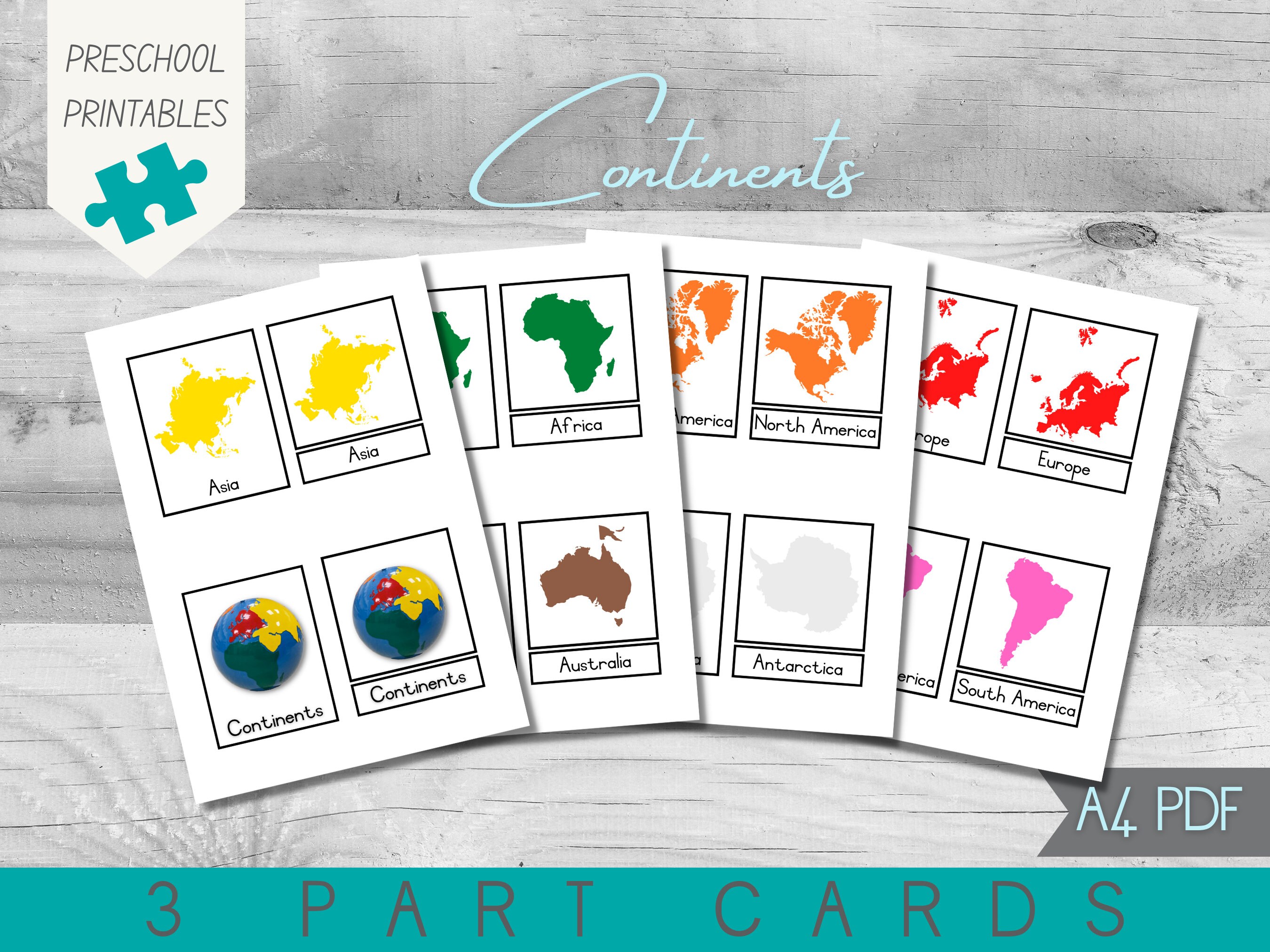 Montessori Continents | 3 Part Cards | PDF Printable - Etsy