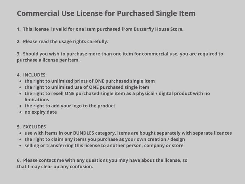 Commercial Use License for One Purchased Item | Digital & Printing ...