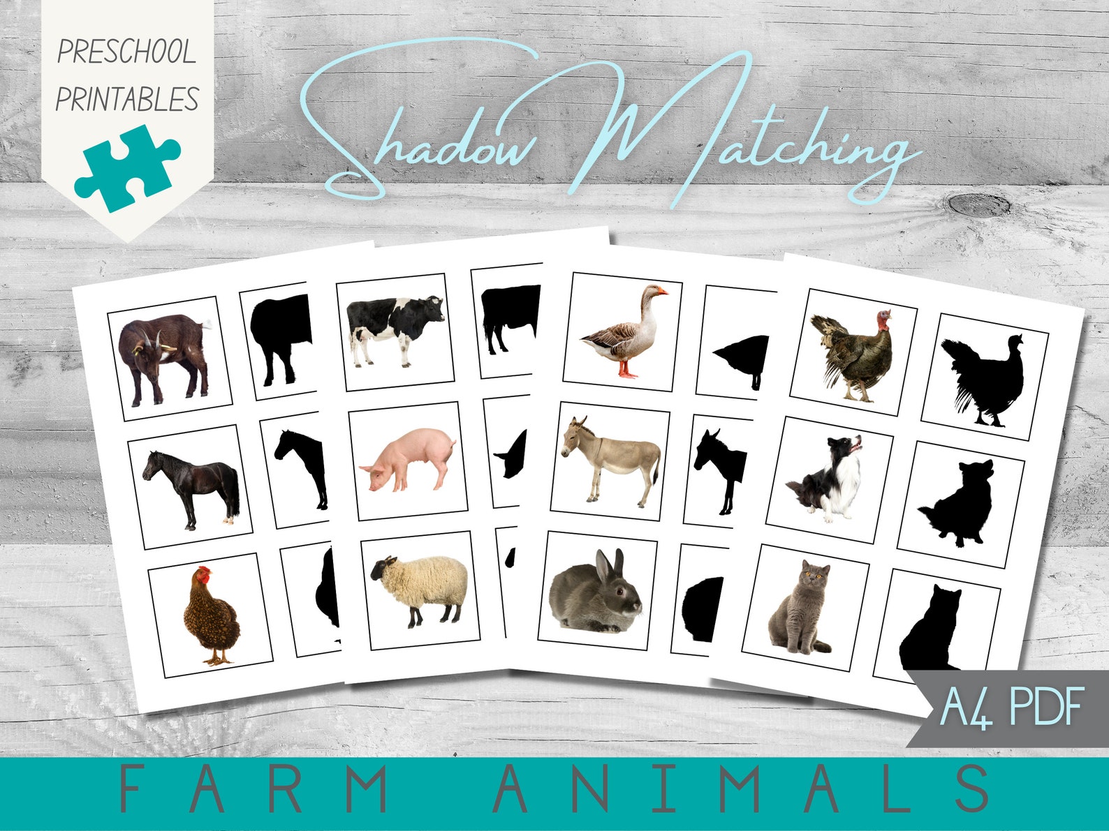 Farm Animal Shadow Matching Cards | 12 Sets | PDF Printable - Etsy