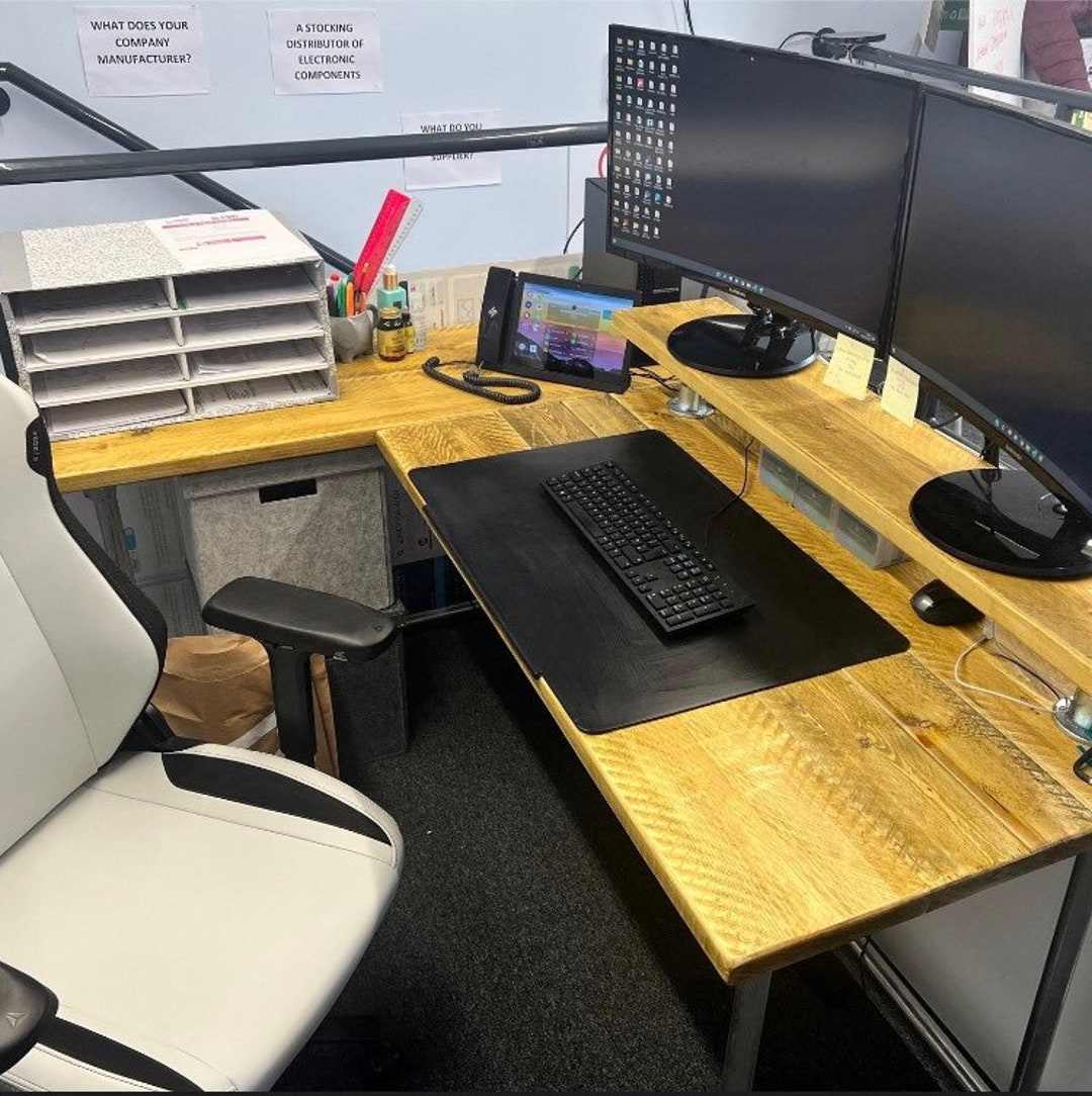 Rustic Industrial Corner Desk With Monitor Shelf and Silver Legs - Left ...