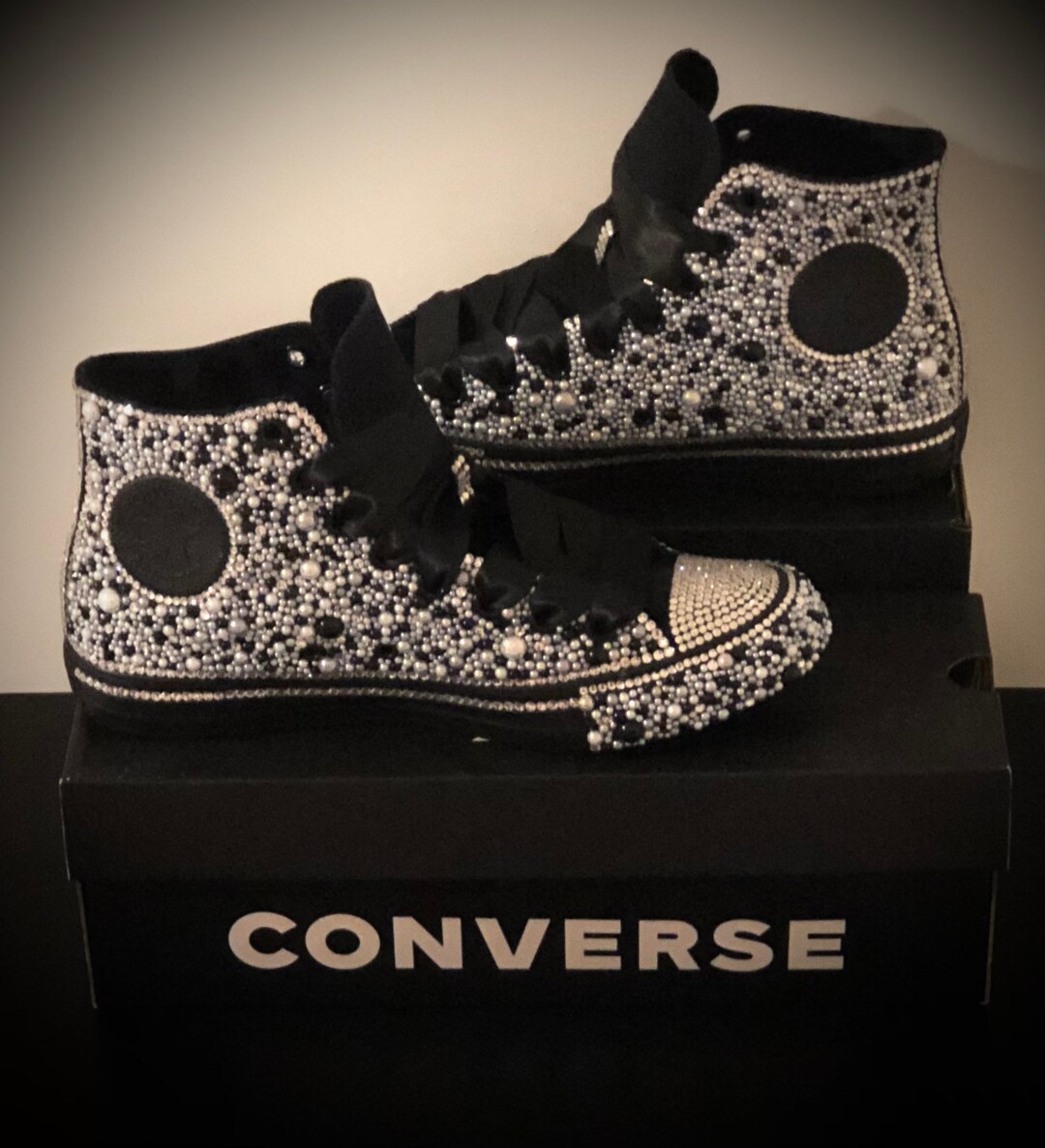 Custom Pearl & Rhinestone High Top Converse Sneakers With Front Toe ...