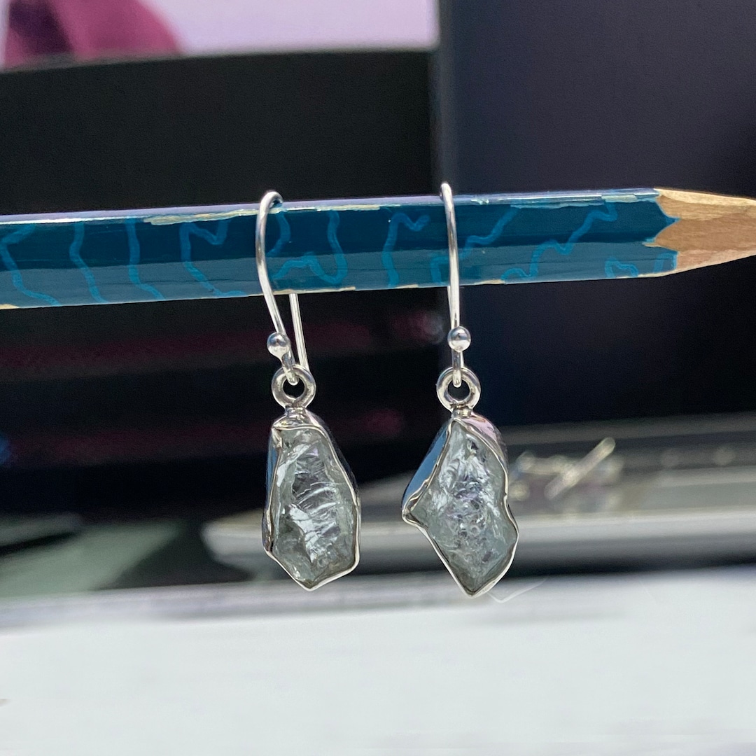 Rough Aquamarine Earring, 925 Sterling Silver Earring, Uncut Stone ...