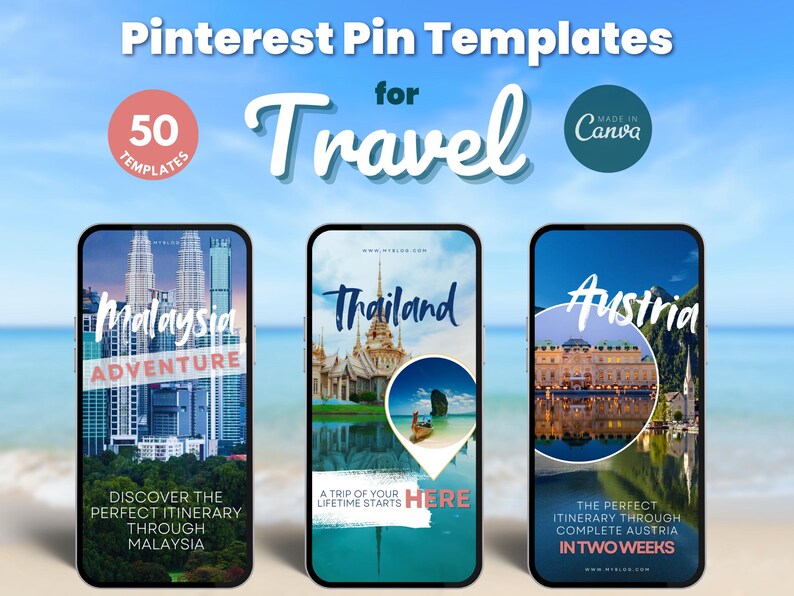 Travel Pinterest Pin Templates for Canva (50 Unique Designs) Digital ...