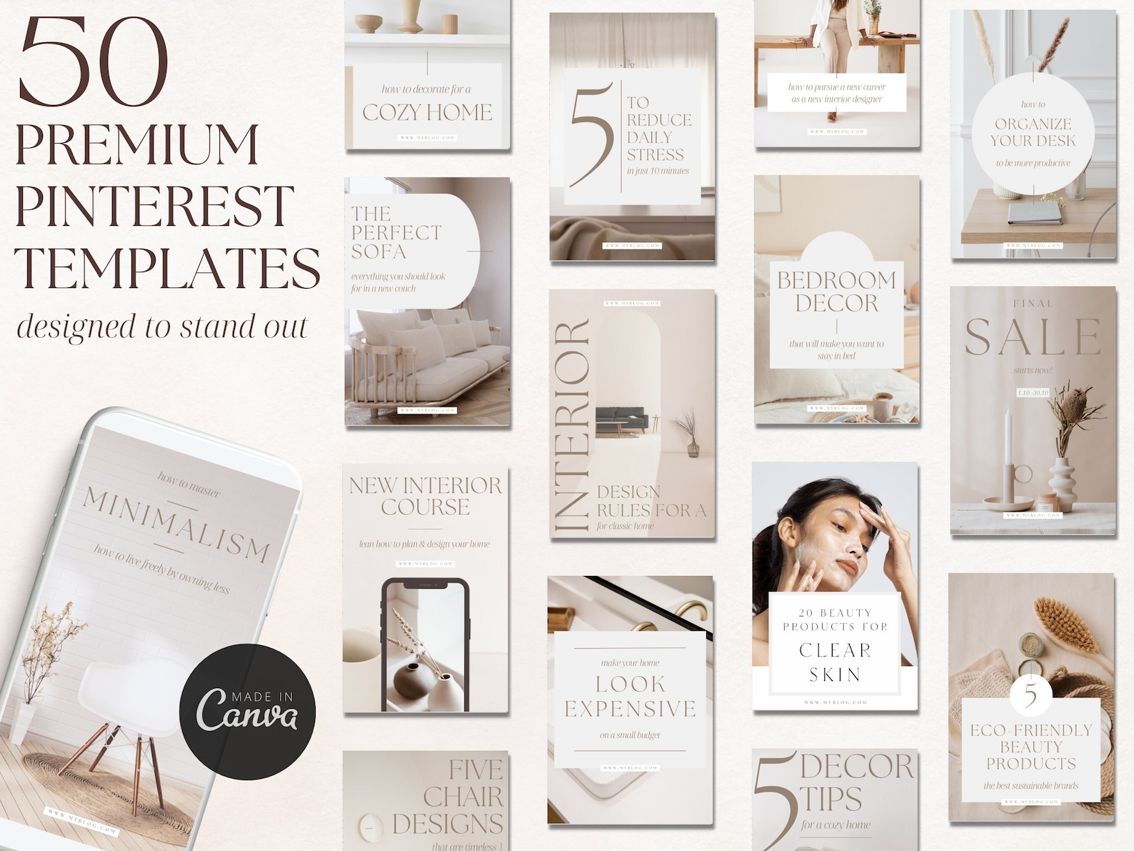 Premium Pinterest Pin Templates Canva Pinterest Templates Neutral ...