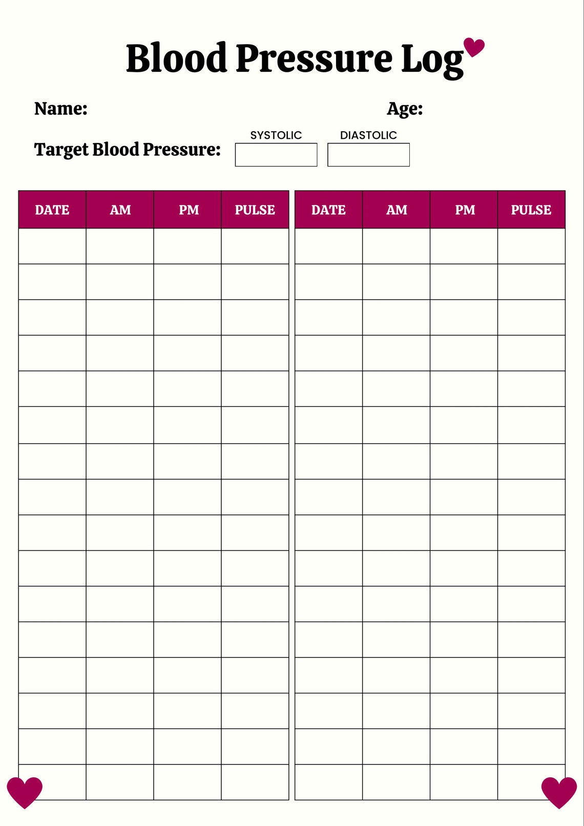 Blood Pressure Log Printable High Blood Pressure Tracker Template ...