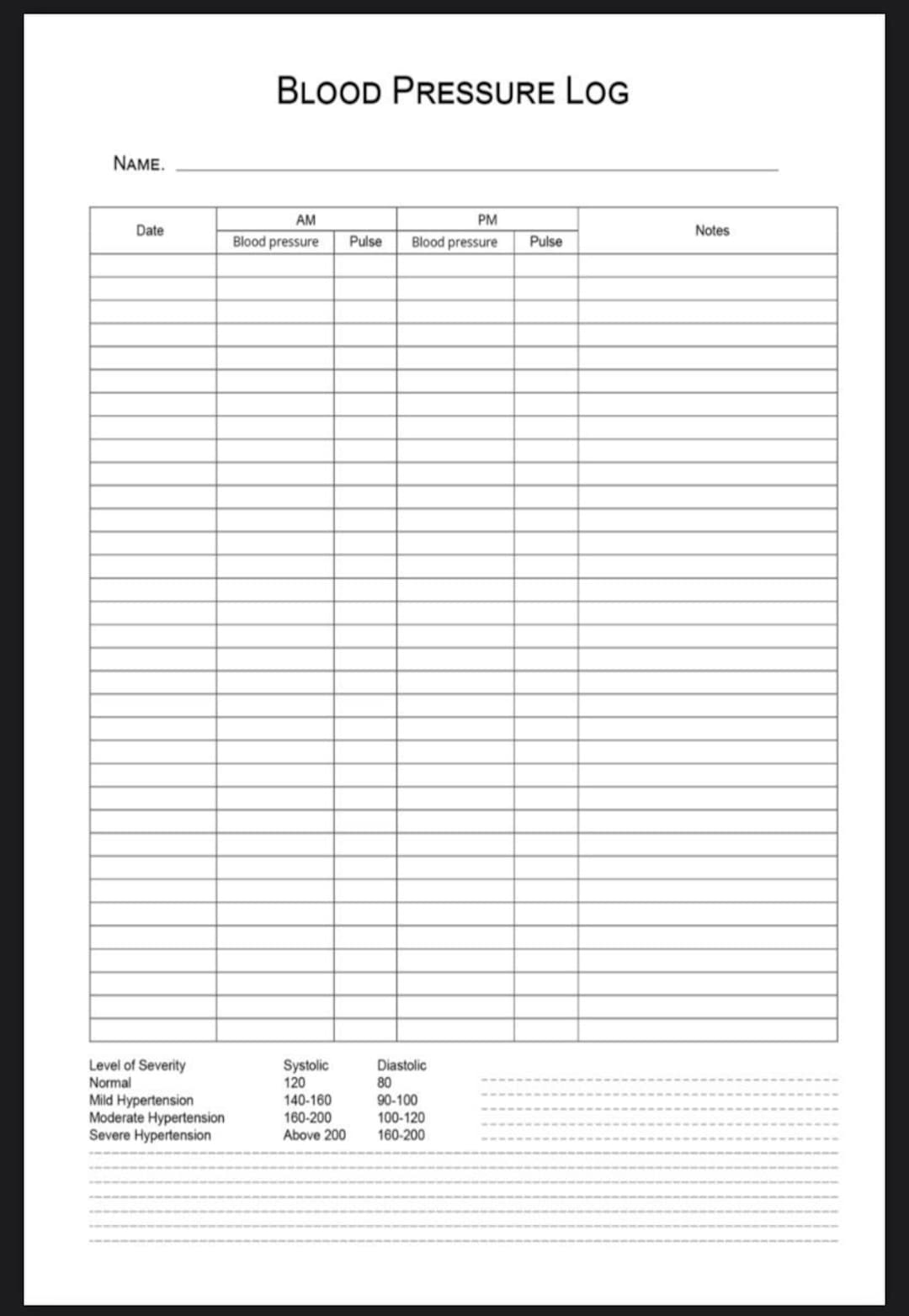 Blood Pressure Log Printable High Blood Pressure Tracker Template ...