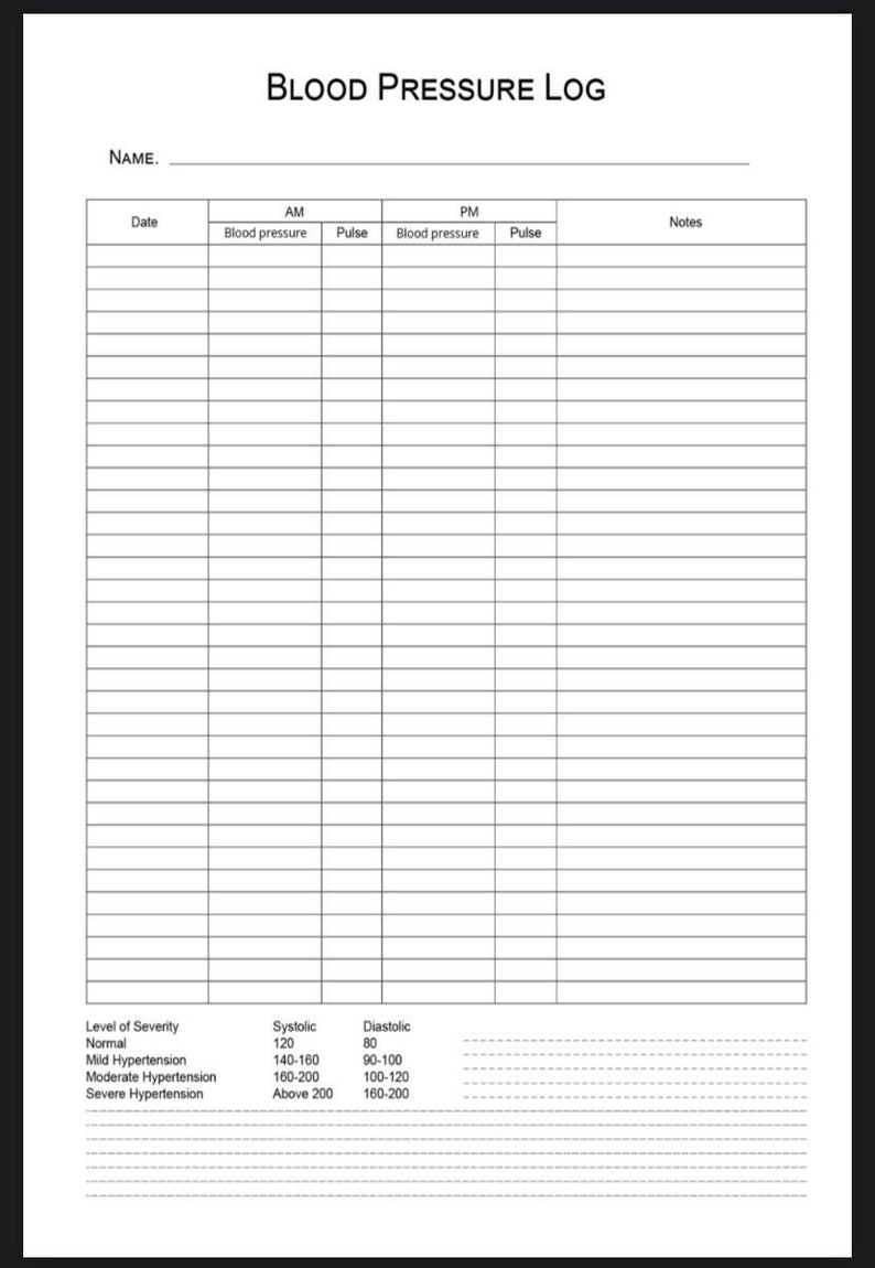 Blood Pressure Log Printable High Blood Pressure Tracker Template ...