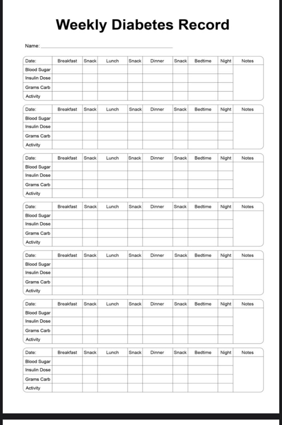 Weekly Diabetes Record Sheet - Etsy