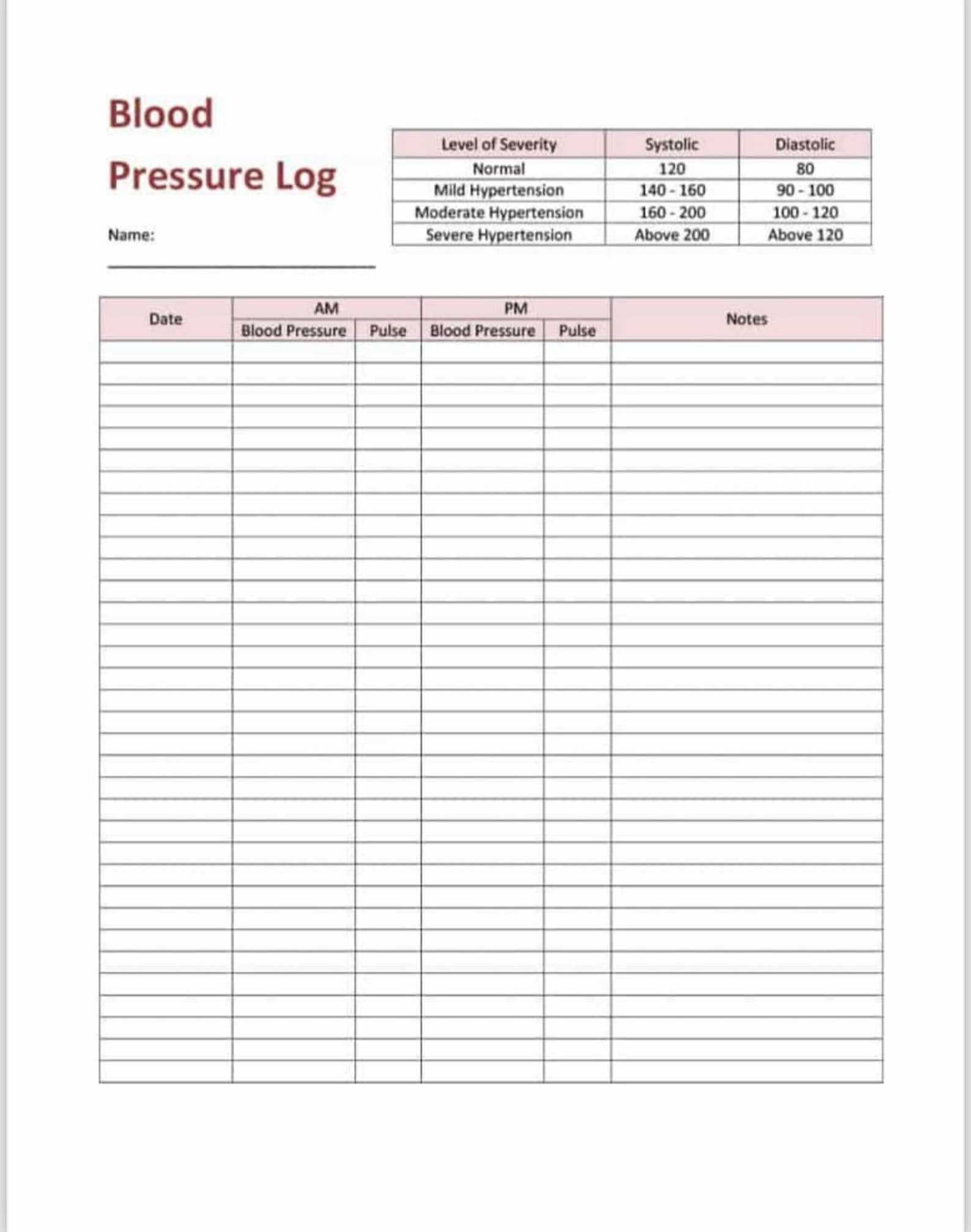 Blood Pressure Log Printable High Blood Pressure Tracker Template ...