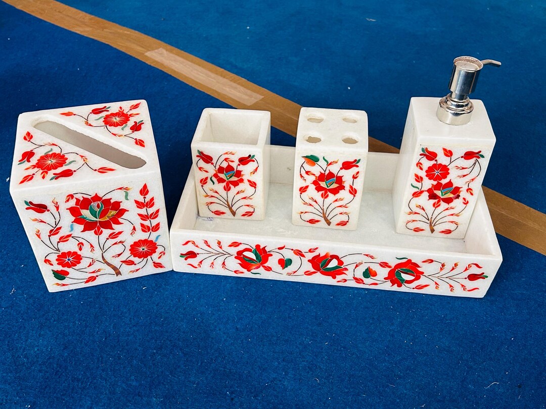 Bathroom Set in White Marble Inlay Art / Set of Five Pieces for ...
