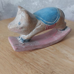 Vintage Wooden Hand Carved Toy Pig Rocking.pastel Coloured,retro Carved ...