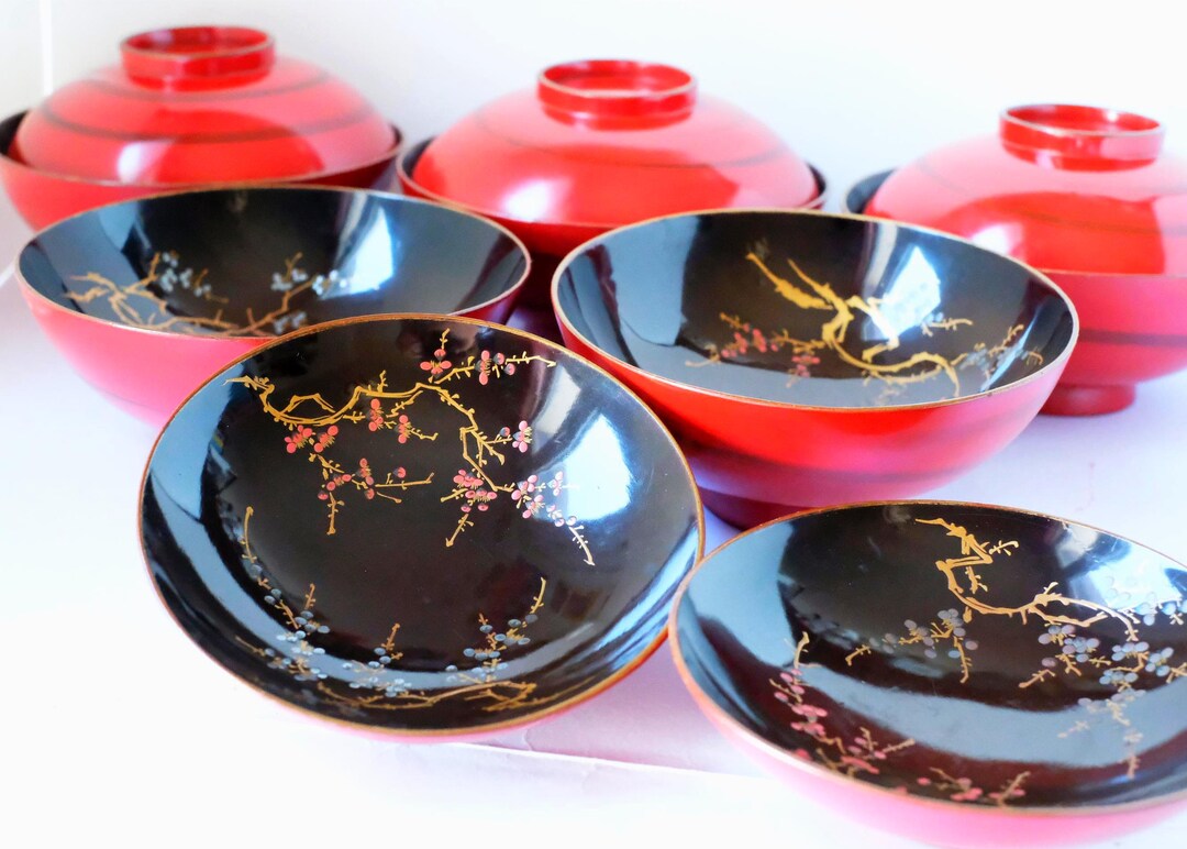 Set of Five Vintage Japanese Lacquer Bowls With Lids - Etsy