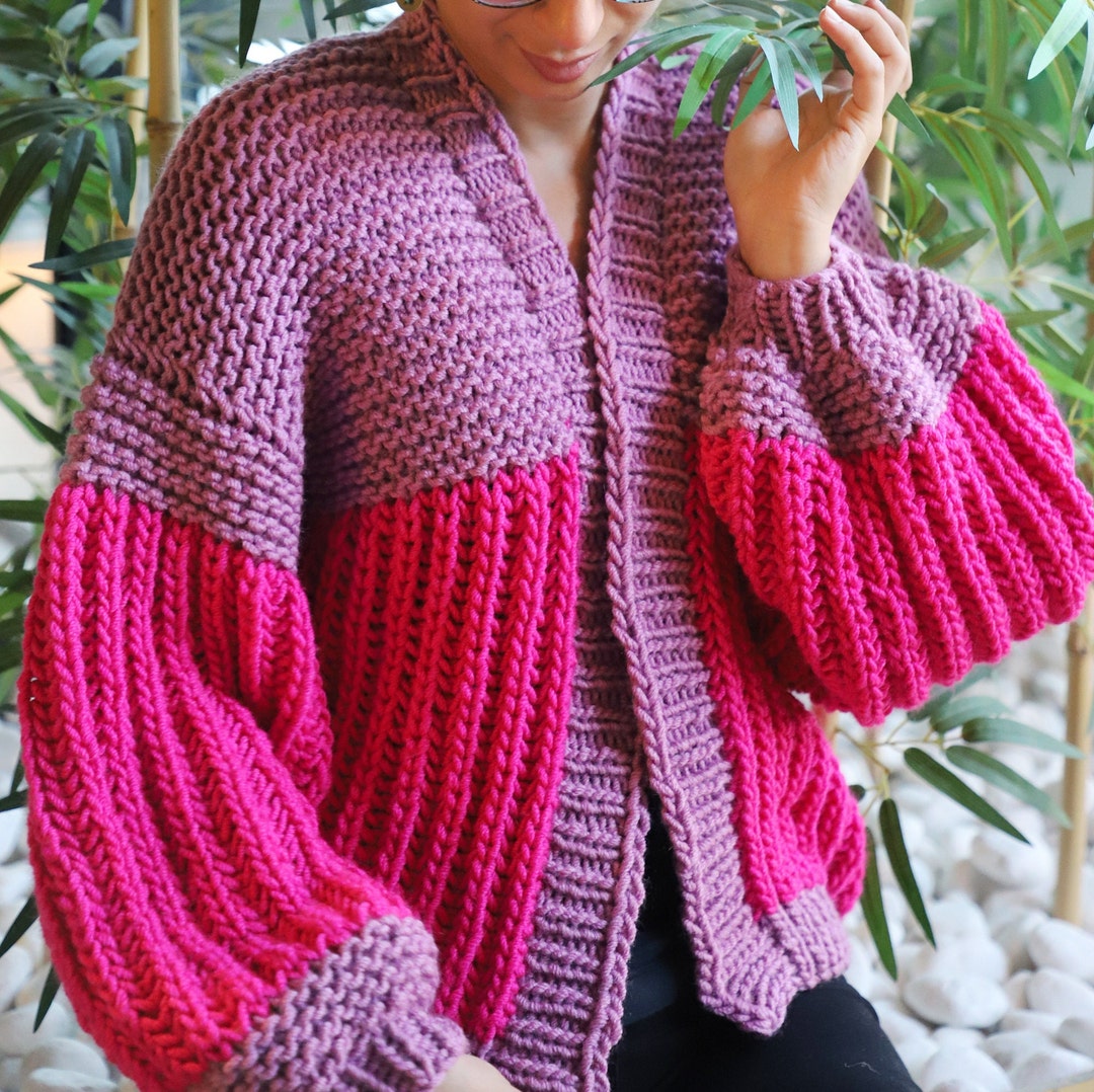 Pink and Purple Color Chunky Knitted Cardigan Knitting Pattern Sweater ...