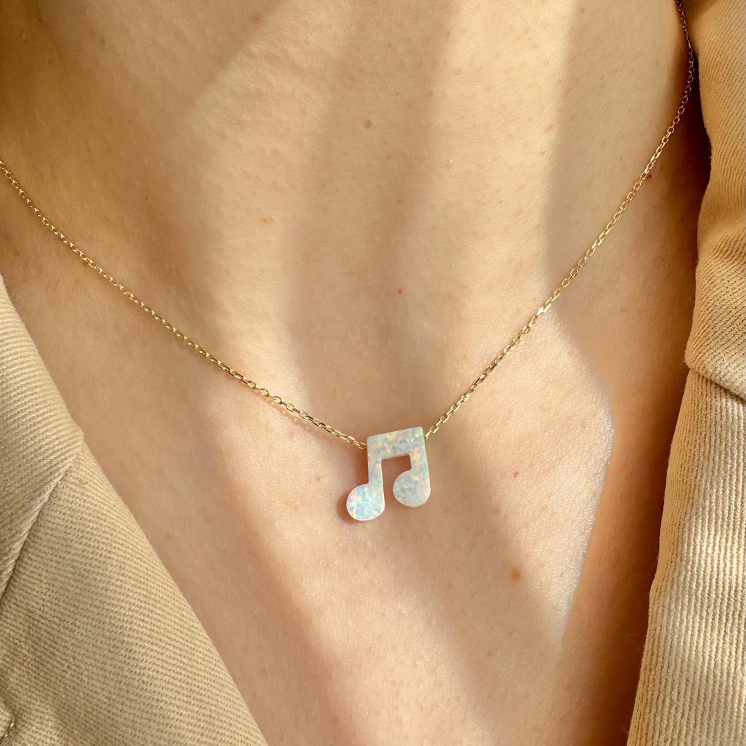 14K Gold Music Note Necklace With Opal, Dainty Pendant Gift for ...