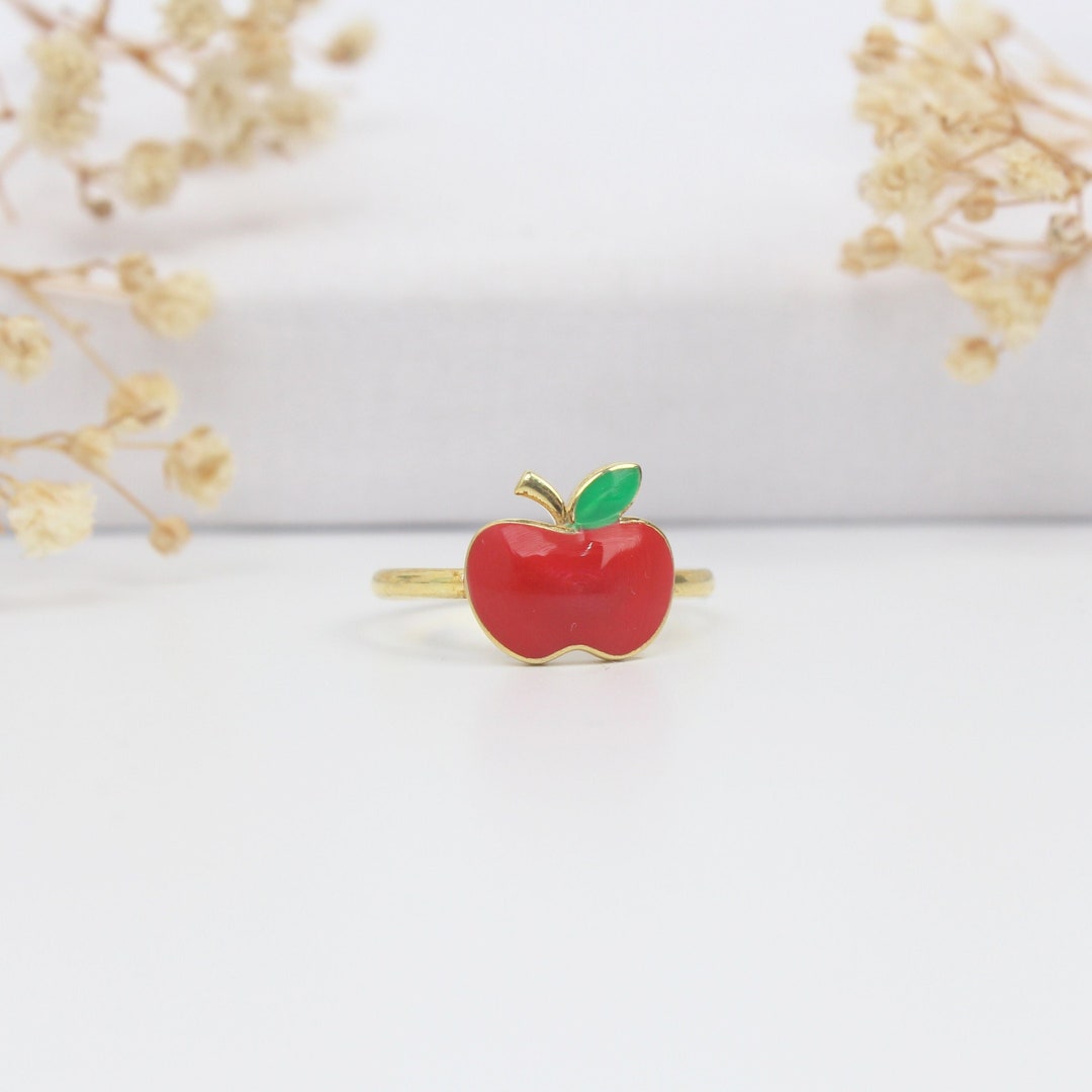 Apple Ring 14k Gold Red Apple Ring Enamel Jewelry Solid Gold Jewelry ...