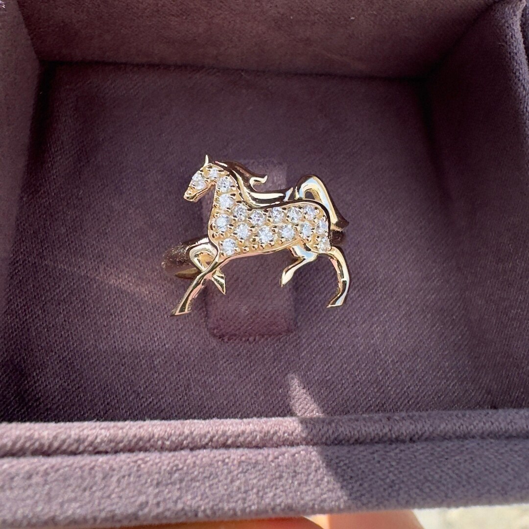 Dainty 10K Gold Horse Ring With Lab Diamonds - Equestrian Jewelry for ...